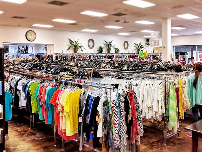 A rainbow of possibilities stretches before you. This isn't just clothing—it's a textile time machine spanning decades of fashion history.