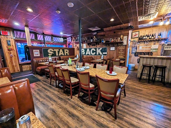 Inside, wood-paneled walls and vintage memorabilia create the perfect time capsule – like dining in your coolest uncle's basement circa 1978.