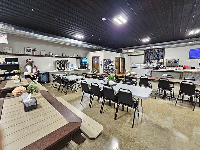 Simple tables, practical chairs, and the promise of homemade goodness—this dining area doesn't need fancy frills when the food does all the talking.