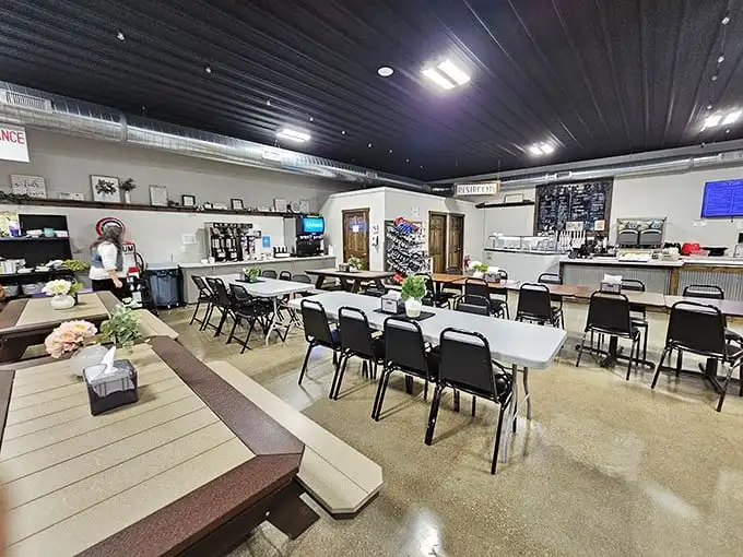 Simple tables, practical chairs, and the promise of homemade goodness—this dining area doesn't need fancy frills when the food does all the talking.