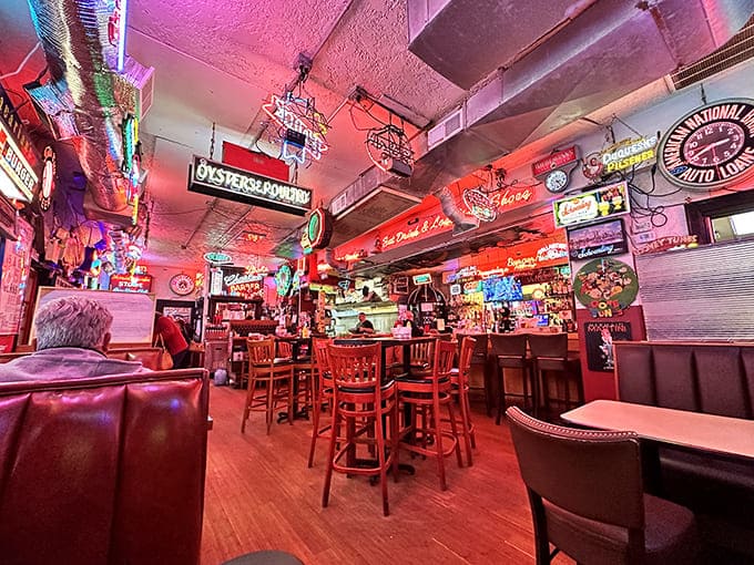 Step inside and you're bathed in the warm glow of decades' worth of neon signs—like walking into a museum where everything on display makes you hungry.
