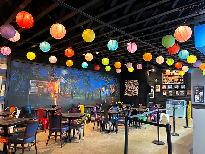 Step inside to a carnival of color! Paper lanterns dance overhead while mismatched chairs invite you to stay awhile in this whimsical smoke palace.