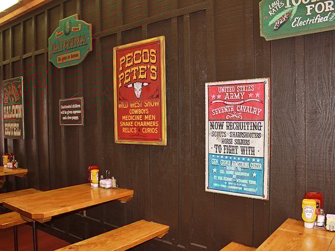 Wild West nostalgia covers every inch of these walls. Pecos Pete's and U.S. Cavalry posters aren't décor—they're time machines.