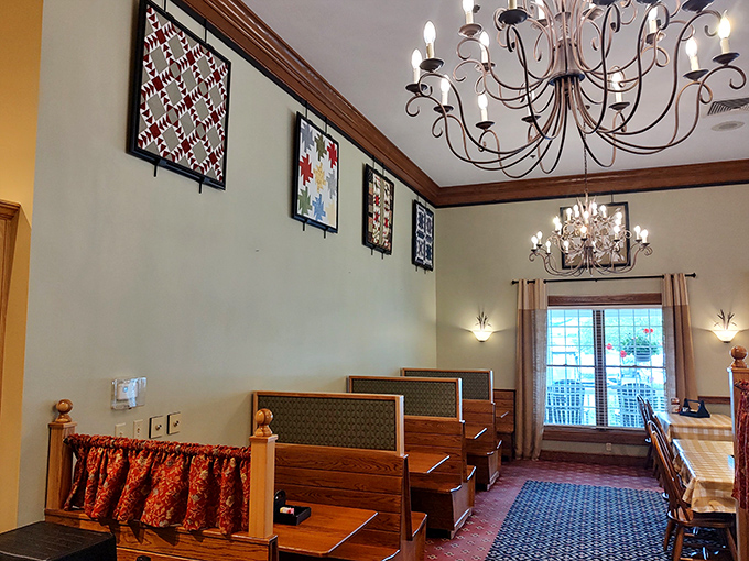 Church-pew seating and handcrafted quilts create an atmosphere that's both reverent and relaxed—a perfect backdrop for culinary salvation.