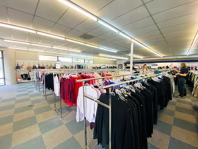 Organized chaos at its finest—rows of clothing stretch toward the horizon like a fashion.