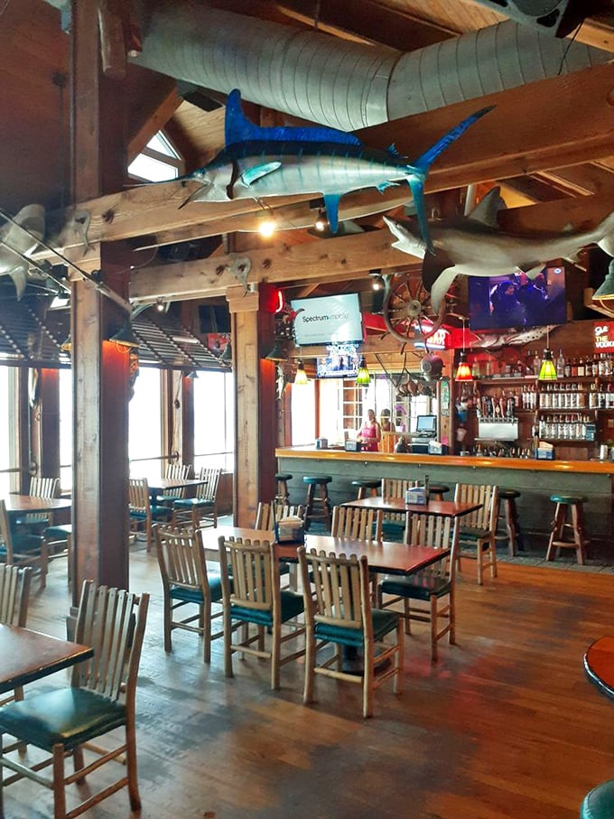 Nautical meets natural under wooden beams where marlins and sharks swim through air, watching over diners like aquatic guardians of good times.