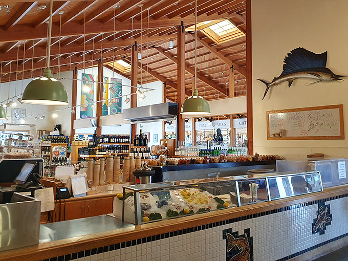 Exposed wooden beams and maritime décor create the perfect backdrop for seafood feasting. That mounted sailfish has seen some stories.
