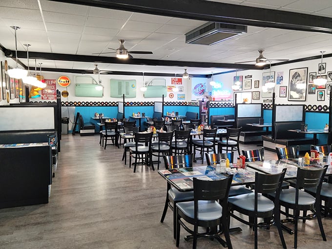 Step into a time machine of turquoise and black, where every booth tells a story and every table promises a feast.