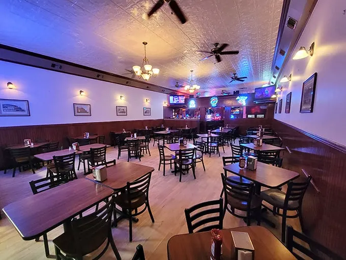 Step inside and time stands still. The classic wood-paneled dining room with its pressed tin ceiling hasn't changed because it hasn't needed to.