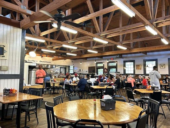 Exposed wooden beams and simple tables tell you everything you need to know—this place prioritizes what's on your plate, not what's on the walls.