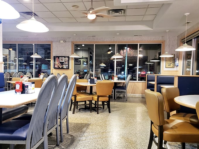 Inside Tony's, comfort reigns supreme with practical seating and warm lighting. No pretension here—just an environment designed for the serious business of enjoying great food.