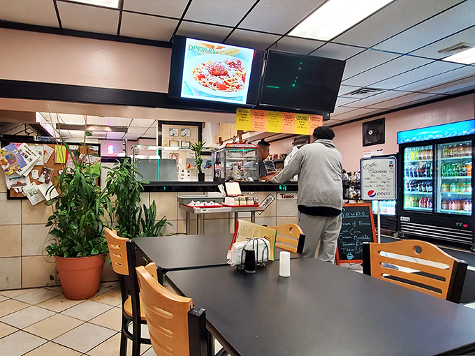 Inside Gabriel's, no-frills meets all-thrills. The potted plant isn't fooling anyone—we're here for what's happening behind that counter, not the décor.