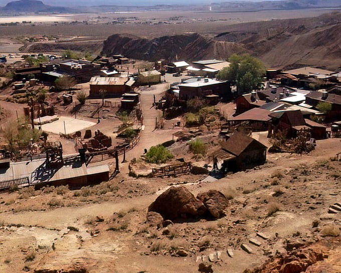A bird's-eye view reveals Calico's strategic mountain perch. Like nature's amphitheater, the colorful hills cradle this slice of silver rush history against the vast Mojave.