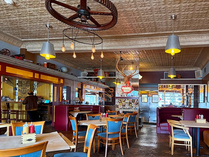 Step inside to discover a rustic-industrial haven where pressed tin ceilings, vintage fixtures, and the promise of smoky delights await hungry visitors.
