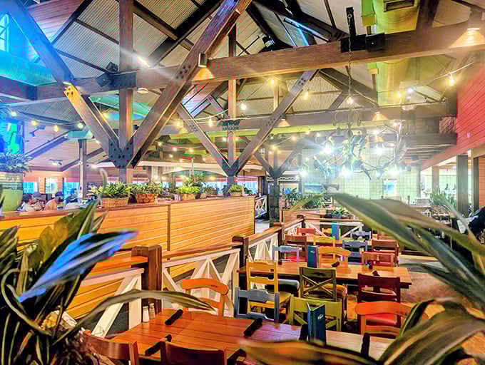 Exposed wooden beams and colorful chairs create the perfect tropical escape – like walking into a postcard you can actually eat in.