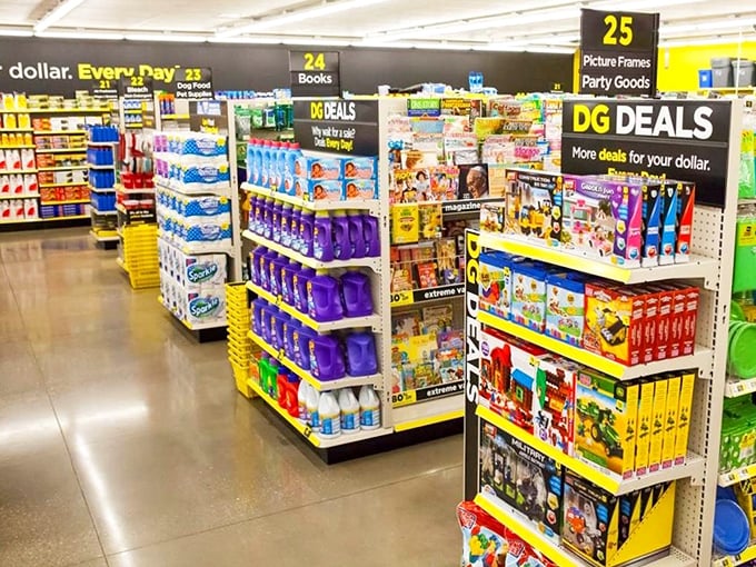 This spotless store aisle is stacked with products at unbeatable discounts, ready to fill your cart without any clutter.