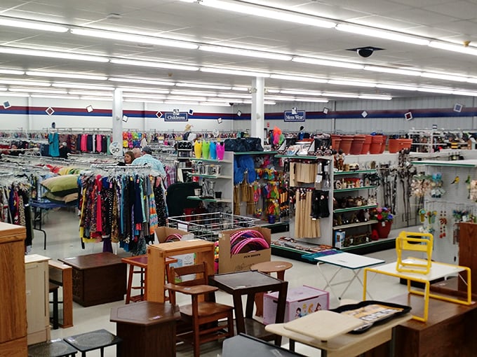 A retail wilderness where furniture finds mingle with clothing treasures—like a department store designed by someone with a delightfully chaotic sense of organization.