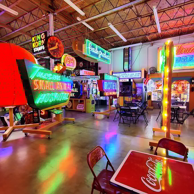 Step inside and you're immediately bathed in the rainbow glow of history—where every corner offers a different decade's worth of illuminated memories.
