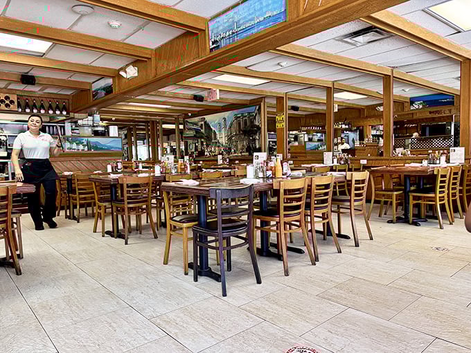 Inside, it's like your Cuban grandmother's dining room expanded to feed the entire neighborhood—wooden beams and all.