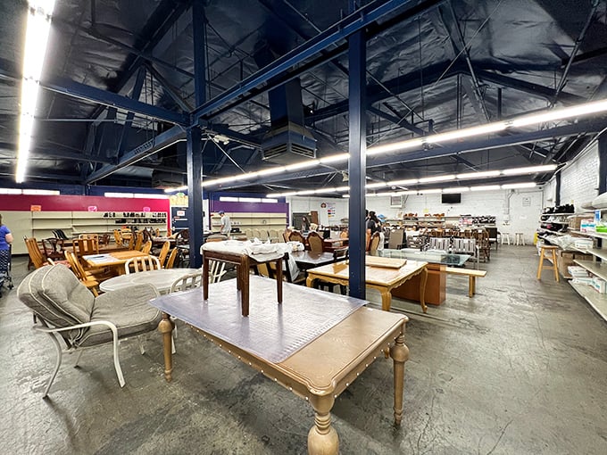 Industrial chic meets bargain hunter's paradise. Those exposed beams aren't just supporting the ceiling—they're witnessing countless "I can't believe this is only..." moments daily.