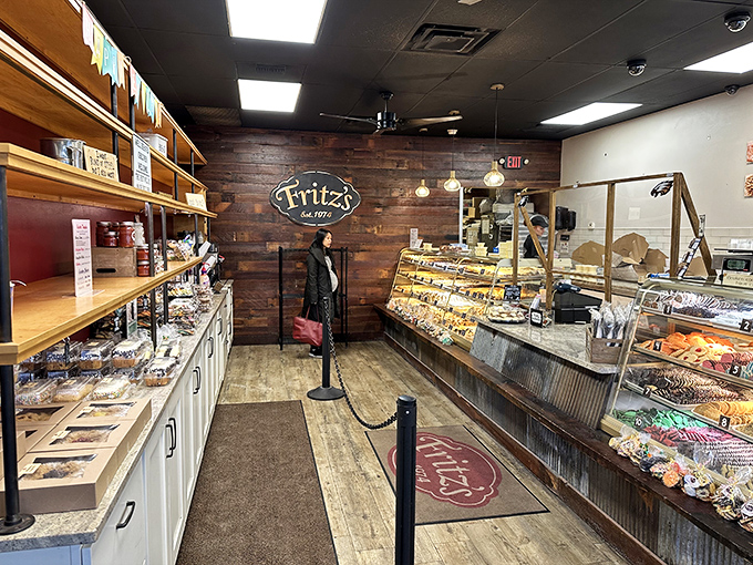Step inside and breathe deeply—this is what heaven smells like. Fritz's rustic interior combines warm wood tones with glass cases that showcase edible works of art.
