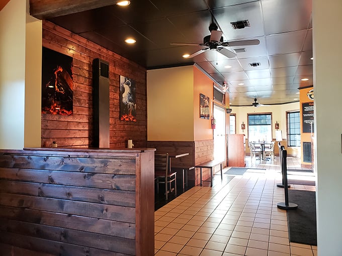 Rustic wooden paneling and warm lighting create the perfect backdrop for the serious business of barbecue appreciation.