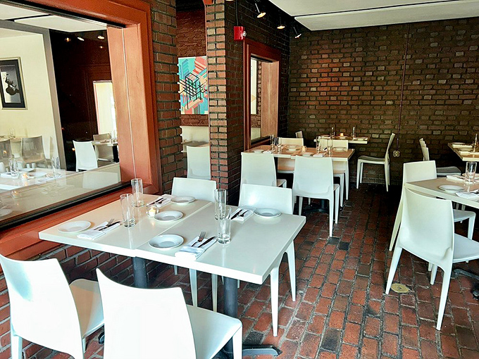 Clean lines, exposed brick, and modern white furnishings create that perfect "I'm in Cleveland but feeling très Parisian" dining atmosphere.