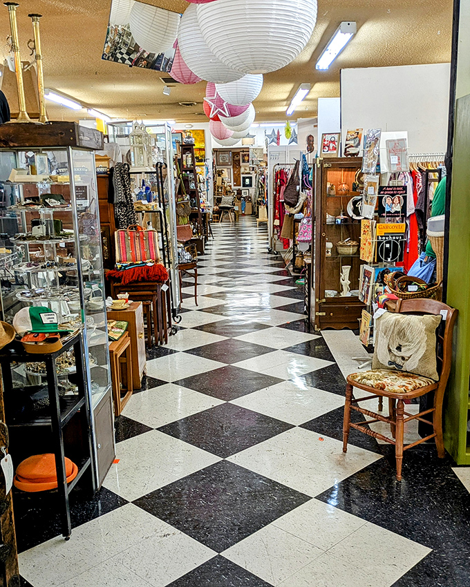 Down the rabbit hole you go! This black-and-white checkered runway, flanked by vintage treasures, feels like Alice's Wonderland reimagined for collectors.
