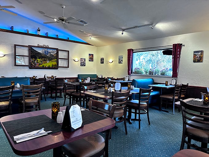 Step inside and suddenly you're in Deutschland. The blue accent lighting and Alpine landscapes create an atmosphere that whispers "Gemütlichkeit" – that untranslatable German coziness.