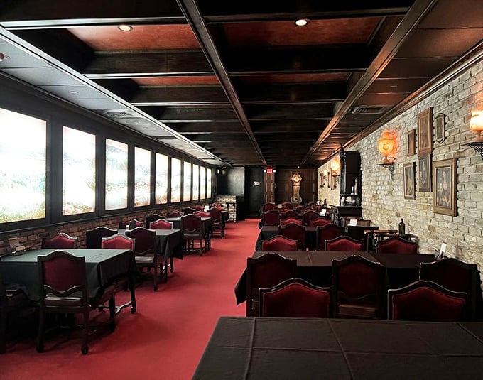 Red carpet treatment isn't just an expression at Bern's—it's literally underfoot as you dine amid brick walls and dark wood elegance.