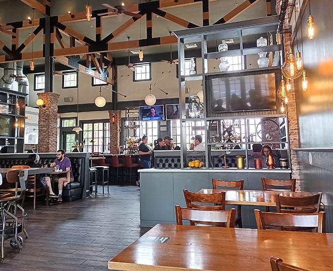 Industrial chic meets neighborhood comfort, with exposed beams that could tell stories if they could talk.