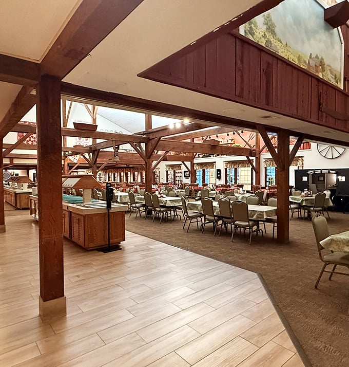 Exposed wooden beams and spacious dining areas create that rare atmosphere where you feel both cozy and uncrowded—the architectural equivalent of a perfect hug.