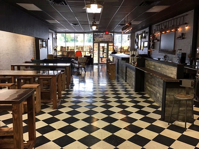 That classic black and white checkered floor isn't just nostalgic – it's the runway models strut down before serving your comfort food fantasies.
