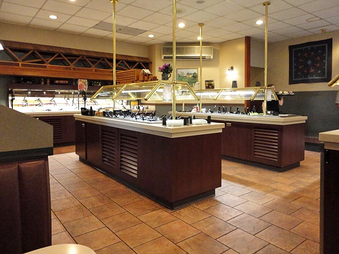 The buffet setup at Oregon Dairy isn't trying to be fancy—it's trying to be delicious. Mission accomplished with these gleaming serving stations ready for hungry patrons.