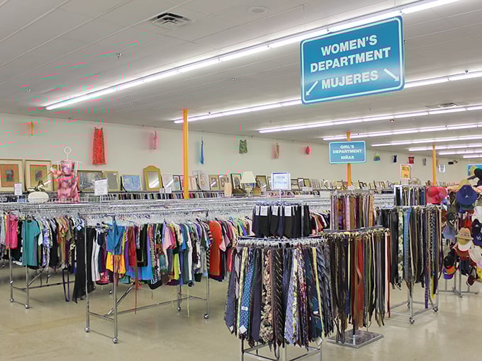 Step into a thrift shopper's dream where organization meets opportunity in every perfectly arranged aisle.