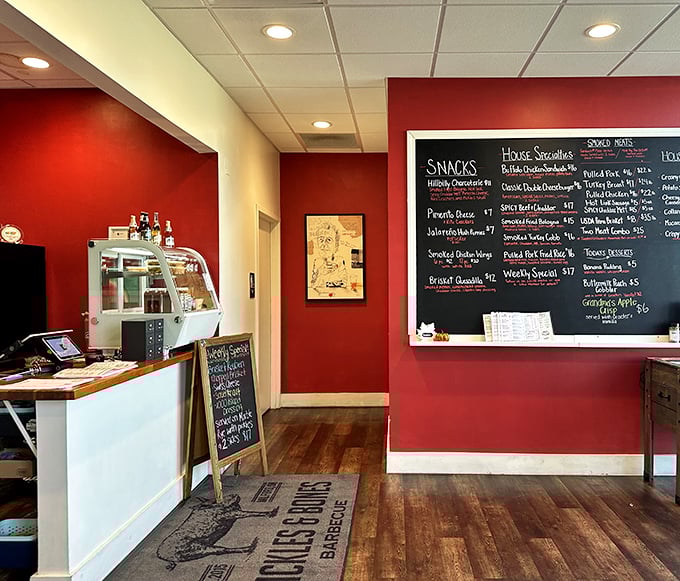 No-frills interior with a chalkboard menu that tells you everything you need to know: this place is about the meat, not the décor.