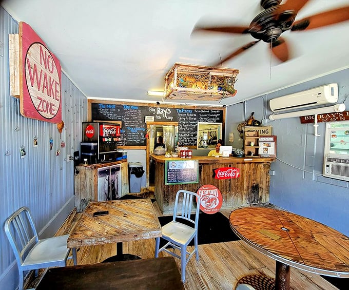 Inside, corrugated metal meets weathered wood in a design style I call "Florida fishing chic."