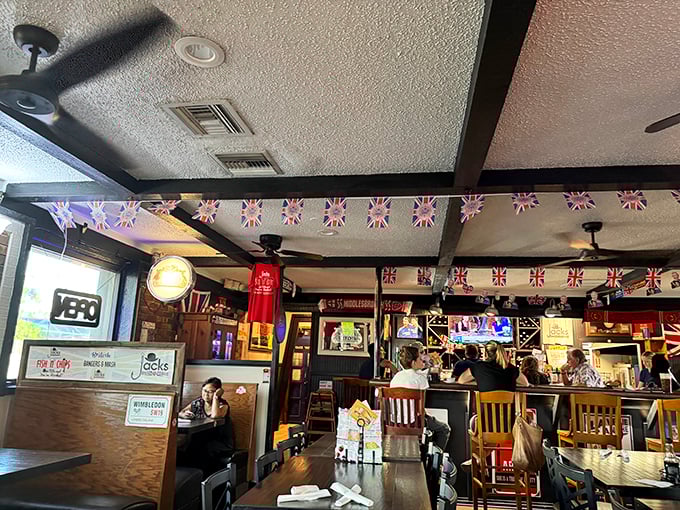 British flags dance overhead while wooden tables below have witnessed countless "mmms" of satisfaction. The atmosphere is pub-perfect without trying too hard.
