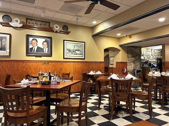 Classic checkered floors and wood paneling create that "I've come home" feeling. This isn't Instagram-bait décor—it's the real deal that's earned its character.