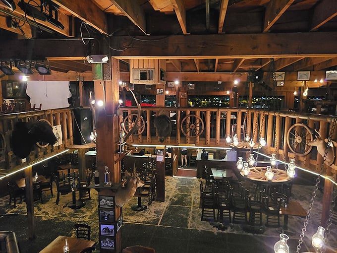 Step inside and you're transported to the Old West, complete with wagon wheel railings and rustic wooden beams. Cowboy chic never looked so inviting.