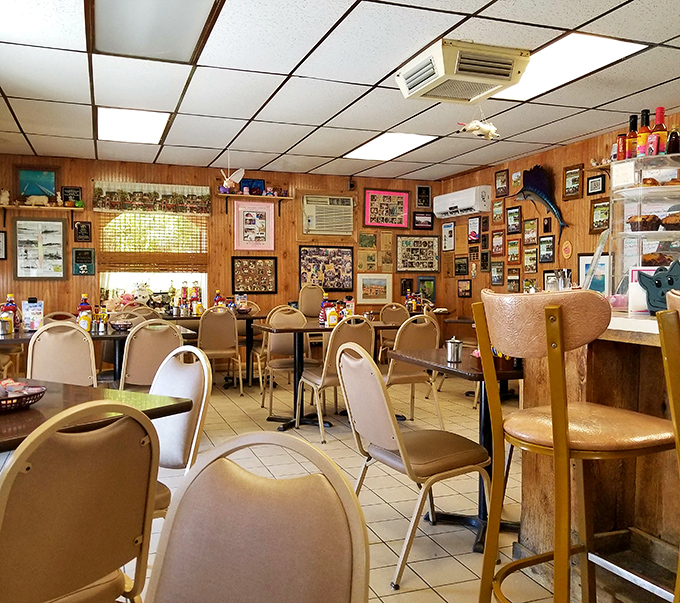 Wood paneling, mismatched chairs, and walls covered in memories – this isn't interior design, it's character development, and The Stuffed Pig has it in spades.