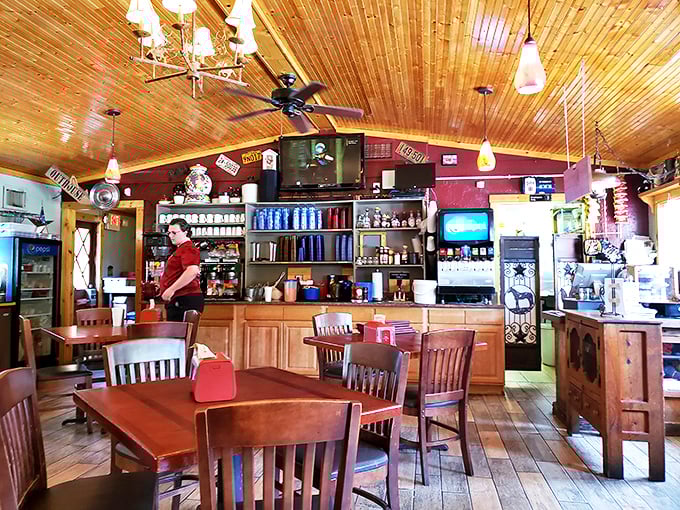 The kind of honest interior where coffee flows freely and nobody judges you for ordering seconds.