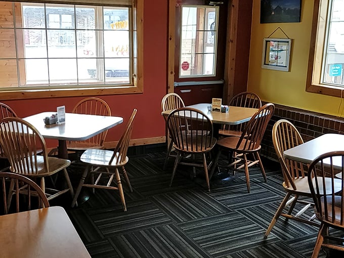Windsor chairs and warm-colored walls create that "grandma's dining room" atmosphere where conversations flow as freely as the coffee.