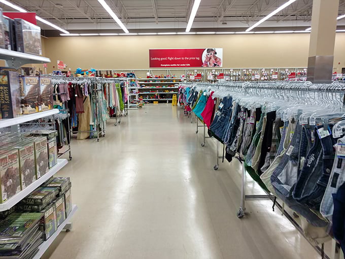 Aisles that stretch toward infinity, where denim dreams and forgotten fashions await their second chance at greatness.