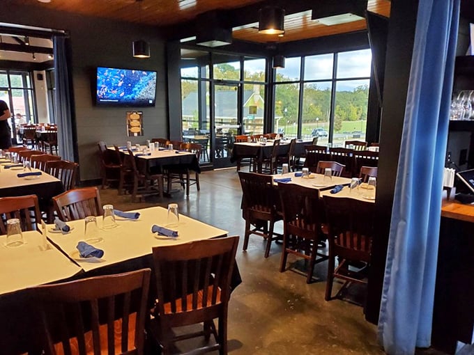 Floor-to-ceiling windows flood the dining room with natural light, creating the perfect atmosphere for both first dates and family reunions.