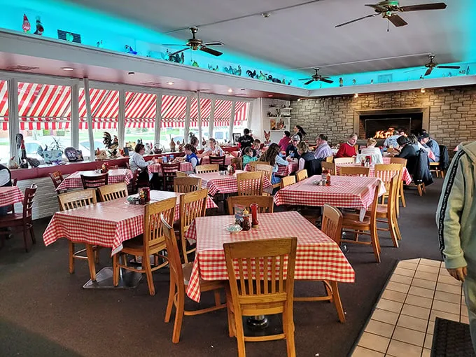 Red checkered tablecloths create the perfect picnic atmosphere without worrying about ants or weather forecasts.
