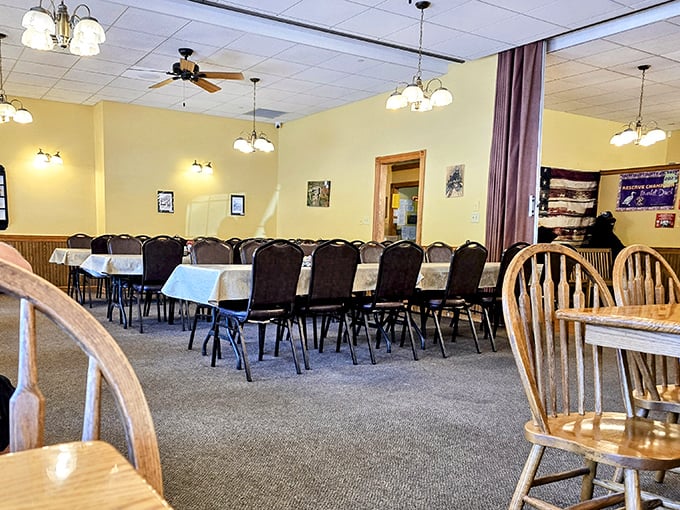 The dining room at Olde Dutch embodies "Midwest elegant"—where tablecloths meet practicality and every chair has supported generations of satisfied diners.