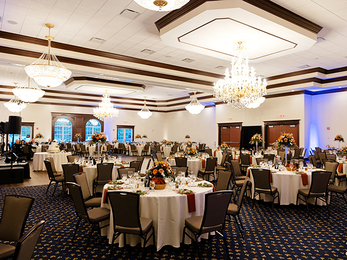 Not your average pizza joint—crystal chandeliers and elegant table settings transform this banquet room into a space where memories are made between bites.