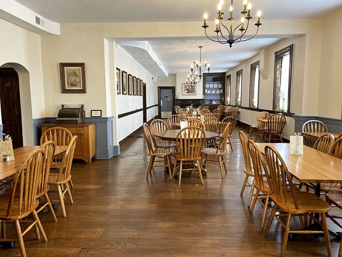 Windsor chairs and warm wooden floors create a dining room that feels like stepping into America's past—without sacrificing modern comfort or delicious food.
