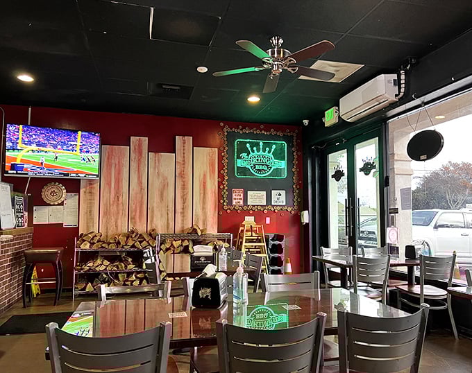 Inside, the wood-stacked walls and glowing neon aren't just décor – they're a promise of authenticity. That pile of firewood isn't for show, folks.